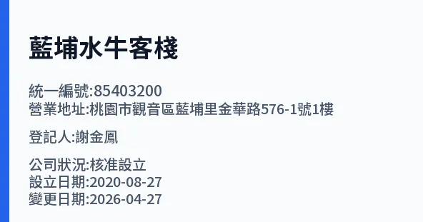 藍埔水牛客棧的照片-統編 85403200(桃園市) 公司登記資料與營業項目詳細圖表