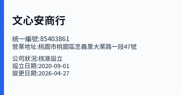 文心安商行的照片-統編 85403861(桃園市) 公司登記資料與營業項目詳細圖表