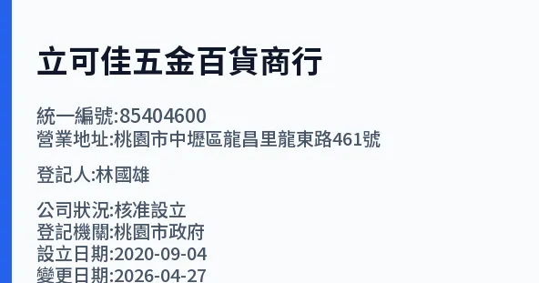 立可佳五金百貨商行的照片-統編 85404600(桃園市) 公司登記資料與營業項目詳細圖表