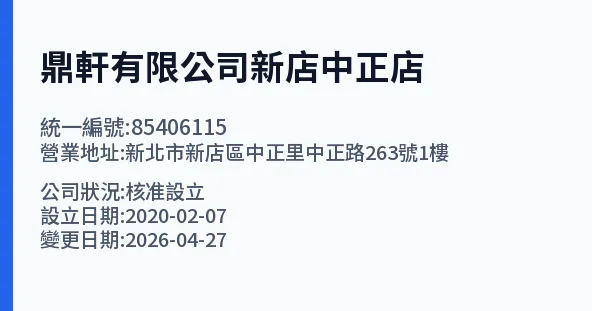 鼎軒有限公司新店中正店的照片-統編 85406115(新北市) 公司登記資料與營業項目詳細圖表