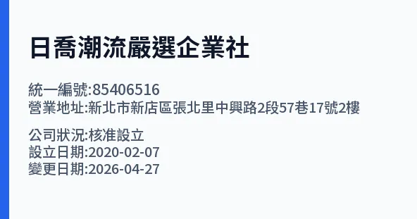 日喬潮流嚴選企業社的照片-統編 85406516(新北市) 公司登記資料與營業項目詳細圖表