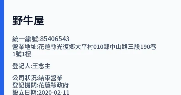 野牛屋的照片-統編 85406543(花蓮縣) 公司登記資料與營業項目詳細圖表