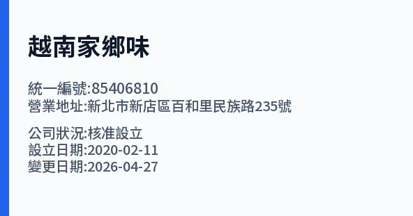 越南家鄉味的照片-統編 85406810(新北市) 公司登記資料與營業項目詳細圖表