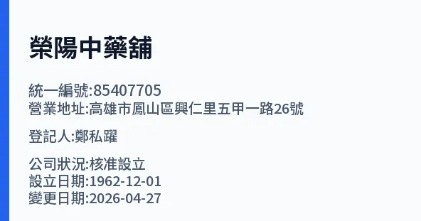 榮陽中藥舖的照片-統編 85407705(高雄市) 公司登記資料與營業項目詳細圖表