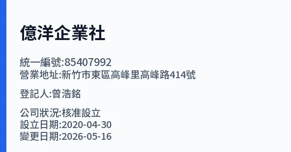 億洋企業社的照片-統編 85407992(新竹市) 公司登記資料與營業項目詳細圖表