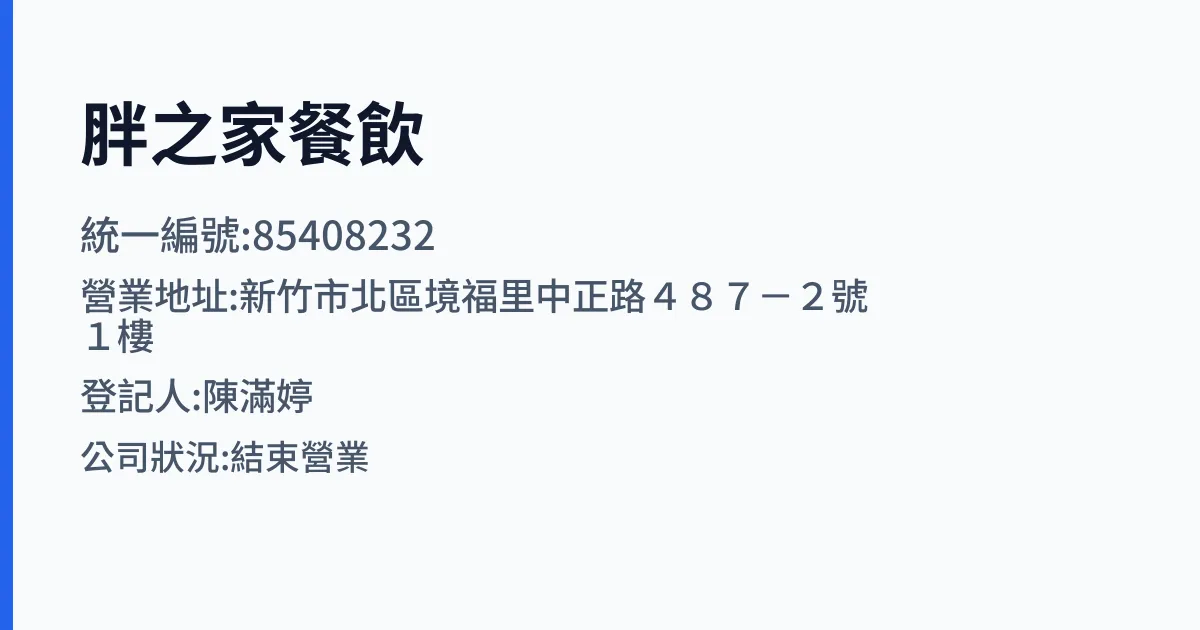 胖之家餐飲 - 統編 85408232(新竹市) 公司登記資料與營業項目詳細圖表