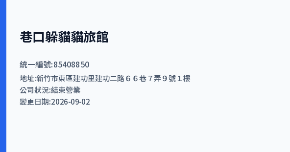 巷口躲貓貓旅館的照片-統編 85408850(新竹市) 公司登記資料與營業項目詳細圖表