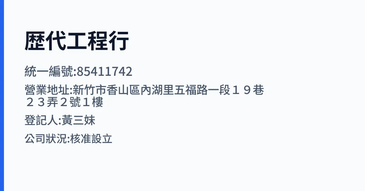 歴代工程行 - 統編 85411742(新竹市) 公司登記資料與營業項目詳細圖表