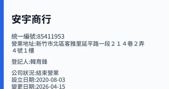 安宇商行的照片-統編 85411953(新竹市) 公司登記資料與營業項目詳細圖表