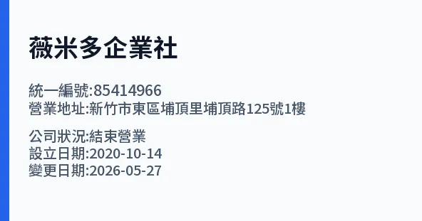 薇米多企業社的照片-統編 85414966(新竹市) 公司登記資料與營業項目詳細圖表