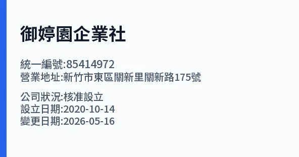 御婷園企業社的照片-統編 85414972(新竹市) 公司登記資料與營業項目詳細圖表