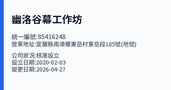 幽洛谷幕工作坊的照片-統編 85416248(宜蘭縣) 公司登記資料與營業項目詳細圖表