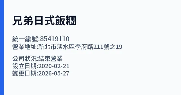 兄弟日式飯糰的照片-統編 85419110(新北市) 公司登記資料與營業項目詳細圖表