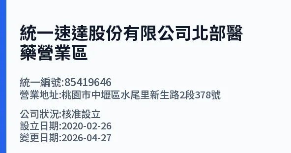 統一速達股份有限公司北部醫藥營業區的照片-統編 85419646(桃園市) 公司登記資料與營業項目詳細圖表