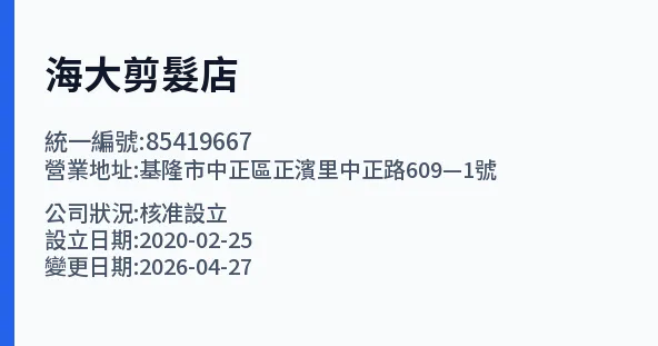 海大剪髮店的照片-統編 85419667(基隆市) 公司登記資料與營業項目詳細圖表