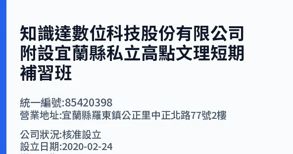 知識達數位科技股份有限公司附設宜蘭縣私立高點文理短期補習班的照片-統編 85420398(宜蘭縣) 公司登記資料與營業項目詳細圖表