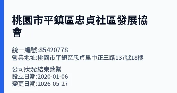 桃園市平鎮區忠貞社區發展協會的照片-統編 85420778(桃園市) 公司登記資料與營業項目詳細圖表