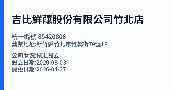 吉比鮮釀股份有限公司竹北店的照片-統編 85420806(新竹縣) 公司登記資料與營業項目詳細圖表