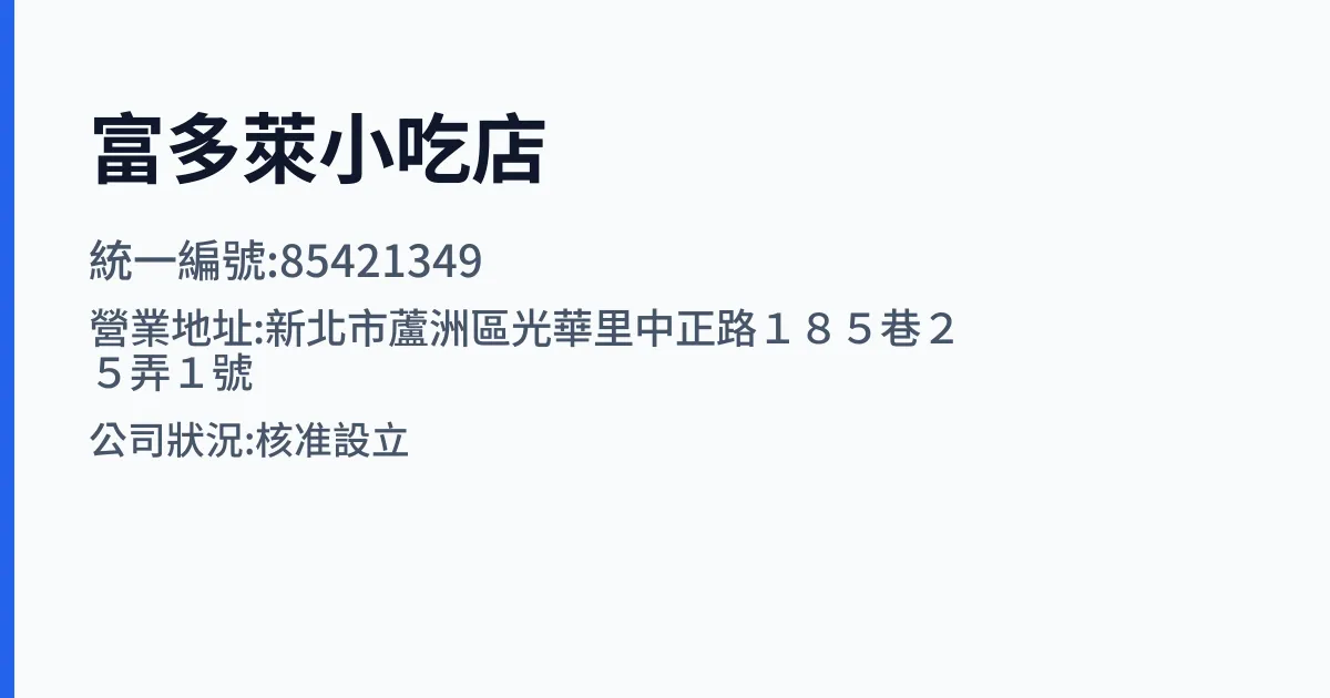 富多萊小吃店 - 統編 85421349(新北市) 公司登記資料與營業項目詳細圖表