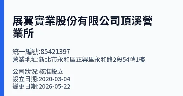 展翼實業股份有限公司頂溪營業所的照片-統編 85421397(新北市) 公司登記資料與營業項目詳細圖表