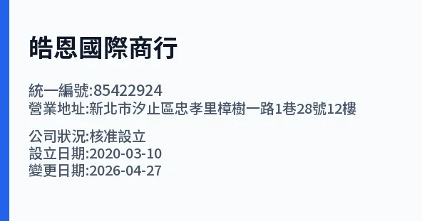 皓恩國際商行的照片-統編 85422924(新北市) 公司登記資料與營業項目詳細圖表