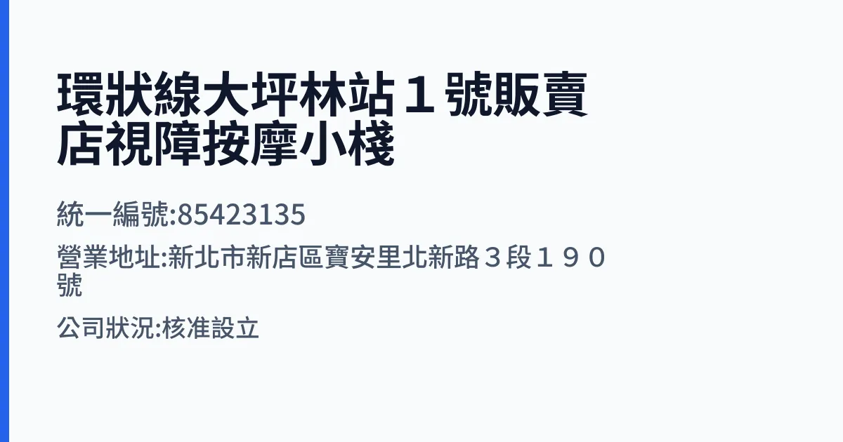 環狀線大坪林站１號販賣店視障按摩小棧 - 統編 85423135(新北市) 公司登記資料與營業項目詳細圖表