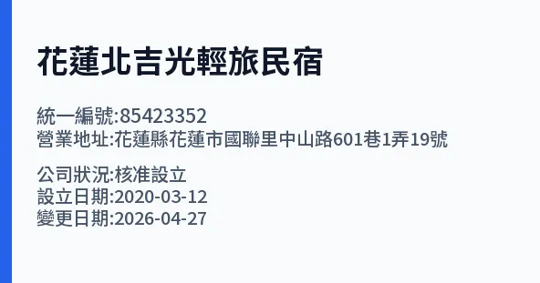 花蓮北吉光輕旅民宿的照片-統編 85423352(花蓮縣) 公司登記資料與營業項目詳細圖表