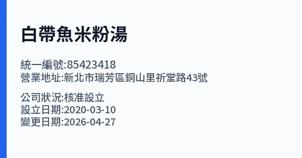 白帶魚米粉湯的照片-統編 85423418(新北市) 公司登記資料與營業項目詳細圖表