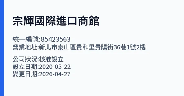 宗輝國際進口商館的照片-統編 85423563(新北市) 公司登記資料與營業項目詳細圖表