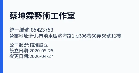 蔡坤霖藝術工作室的照片-統編 85423753(新北市) 公司登記資料與營業項目詳細圖表