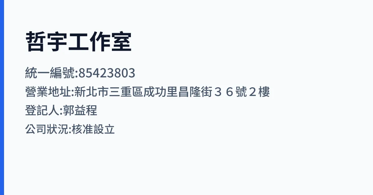 哲宇工作室 - 統編 85423803(新北市) 公司登記資料與營業項目詳細圖表