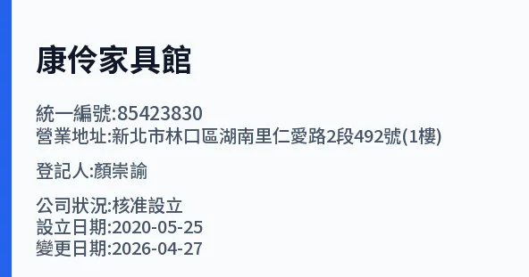 康伶家具館的照片-統編 85423830(新北市) 公司登記資料與營業項目詳細圖表