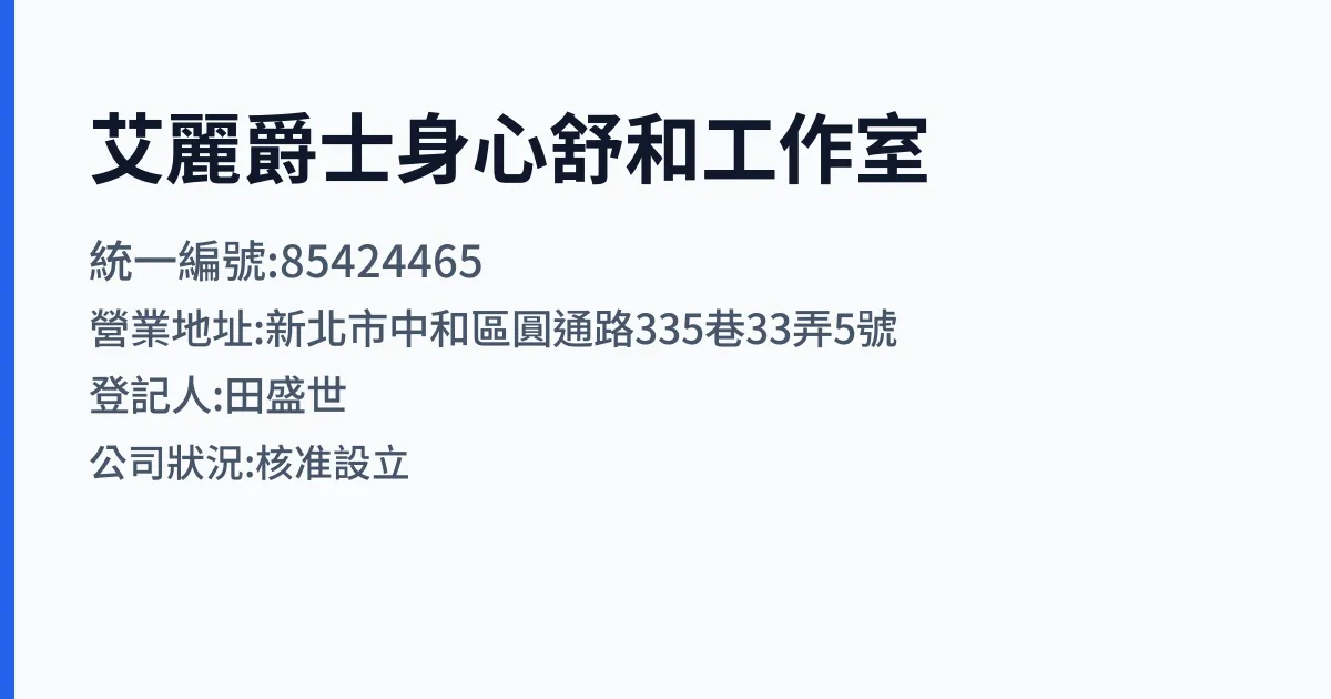 艾麗爵士身心舒和工作室 - 統編 85424465(新北市) 公司登記資料與營業項目詳細圖表