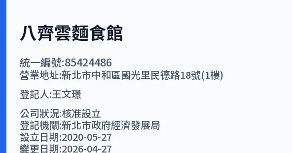 八齊雲麵食館的照片-統編 85424486(新北市) 公司登記資料與營業項目詳細圖表