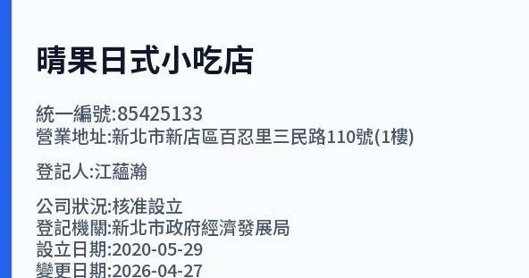 晴果日式小吃店的照片-統編 85425133(新北市) 公司登記資料與營業項目詳細圖表