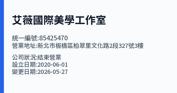 艾薇國際美學工作室的照片-統編 85425470(新北市) 公司登記資料與營業項目詳細圖表