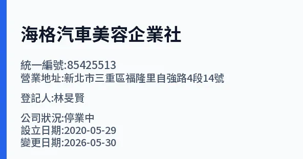 海格汽車美容企業社的照片-統編 85425513(新北市) 公司登記資料與營業項目詳細圖表