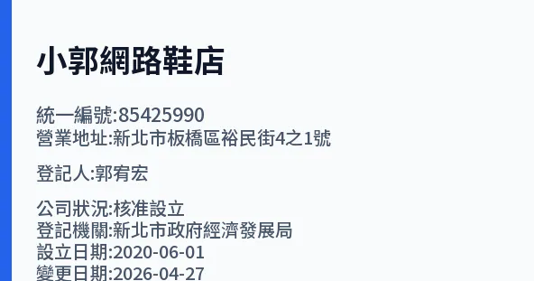小郭網路鞋店的照片-統編 85425990(新北市) 公司登記資料與營業項目詳細圖表