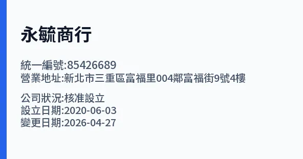 永毓商行的照片-統編 85426689(新北市) 公司登記資料與營業項目詳細圖表