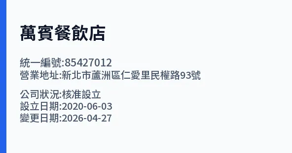 萬賓餐飲店的照片-統編 85427012(新北市) 公司登記資料與營業項目詳細圖表