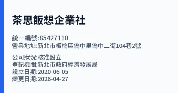 茶思飯想企業社的照片-統編 85427110(新北市) 公司登記資料與營業項目詳細圖表