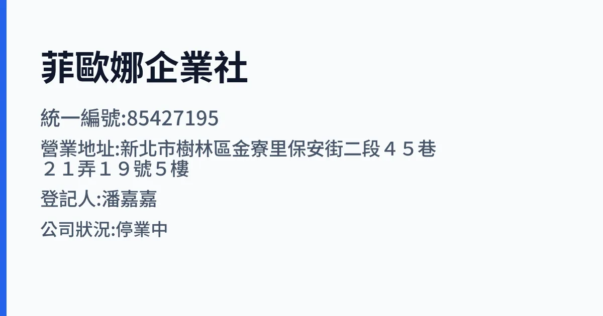 菲歐娜企業社 - 統編 85427195(新北市) 公司登記資料與營業項目詳細圖表