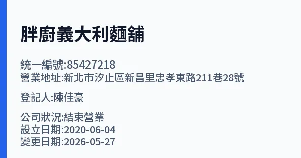 胖廚義大利麵舖的照片-統編 85427218(新北市) 公司登記資料與營業項目詳細圖表