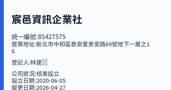 宸邑資訊企業社的照片-統編 85427575(新北市) 公司登記資料與營業項目詳細圖表