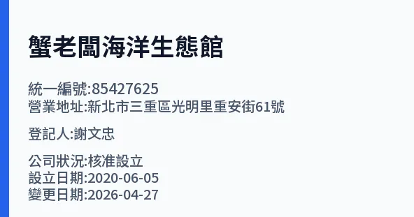 蟹老闆海洋生態館的照片-統編 85427625(新北市) 公司登記資料與營業項目詳細圖表