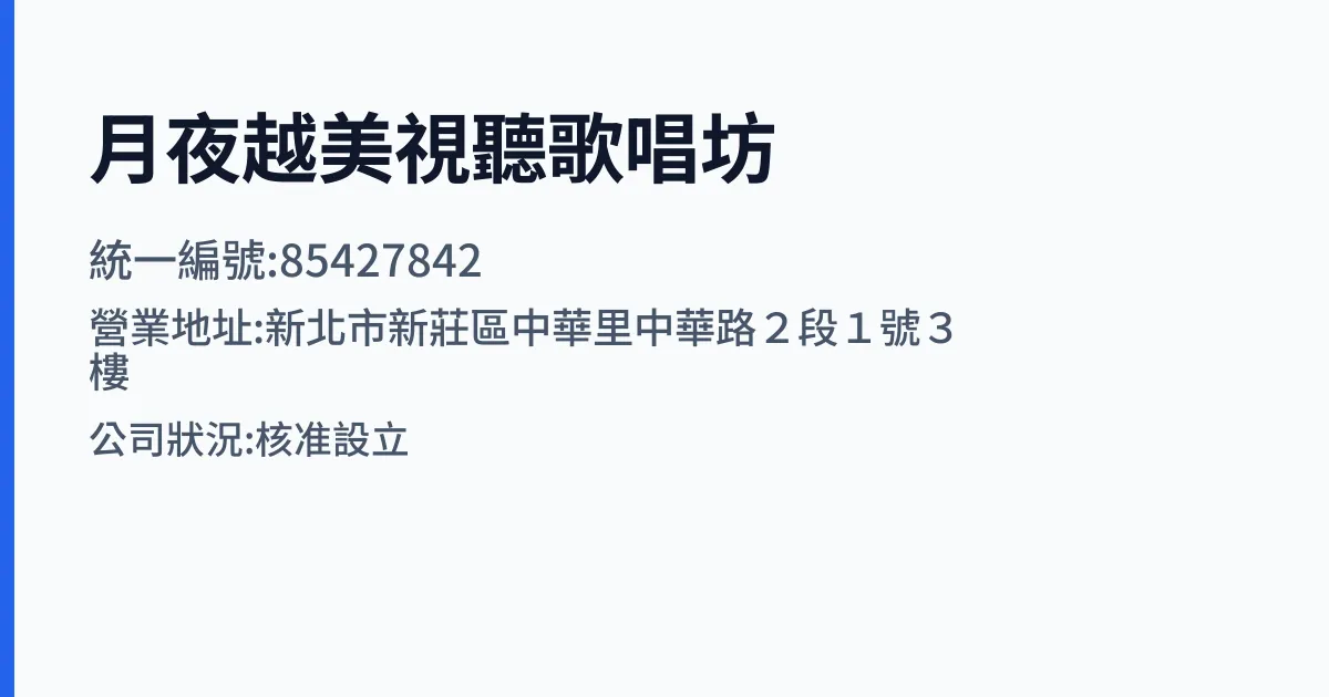月夜越美視聽歌唱坊 - 統編 85427842(新北市) 公司登記資料與營業項目詳細圖表
