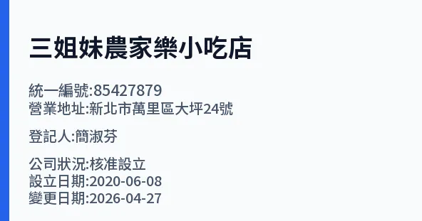 三姐妹農家樂小吃店的照片-統編 85427879(新北市) 公司登記資料與營業項目詳細圖表
