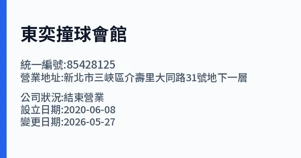 東奕撞球會館的照片-統編 85428125(新北市) 公司登記資料與營業項目詳細圖表