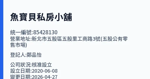 魚寶貝私房小舖的照片-統編 85428130(新北市) 公司登記資料與營業項目詳細圖表