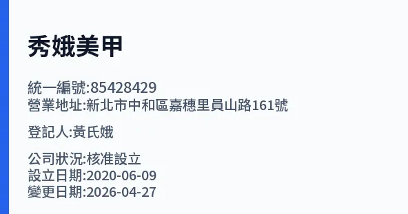 秀娥美甲的照片-統編 85428429(新北市) 公司登記資料與營業項目詳細圖表